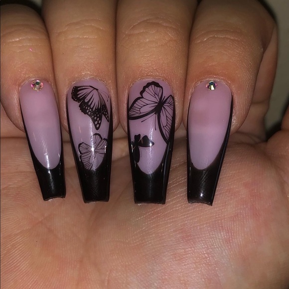 Makeup | Black French Tip Butterfly Press On Nails Application Kit ...